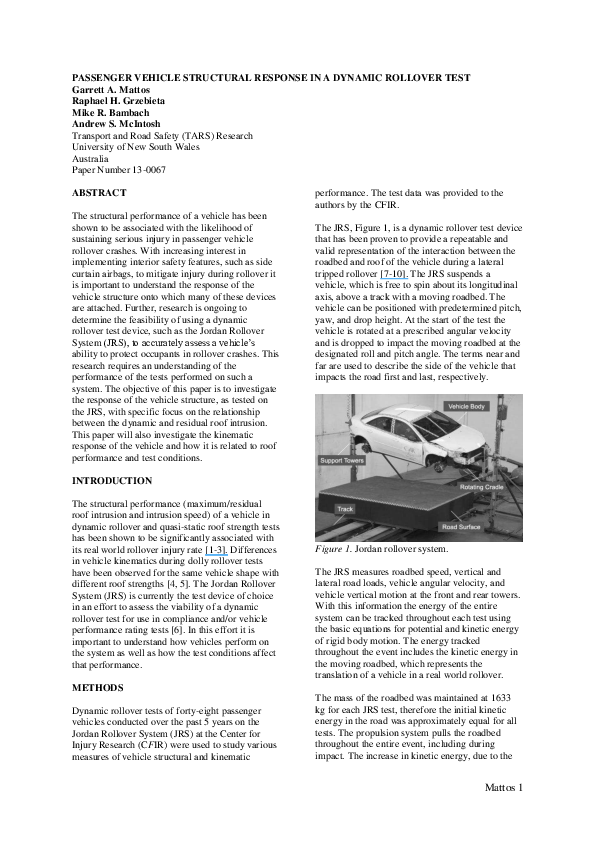(PDF) Passenger vehicle structural response in a dynamic rollover test