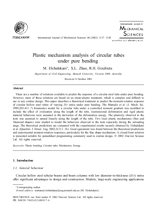 (PDF) Plastic mechanism analysis of circular tubes under pure bending