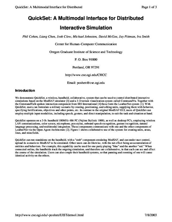 Pdf Quickset A Multimodal Interface For Distributed Interactive Simulations 