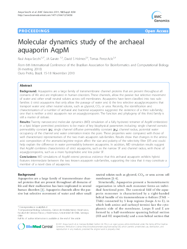 (PDF) Molecular dynamics study of the archaeal aquaporin AqpM