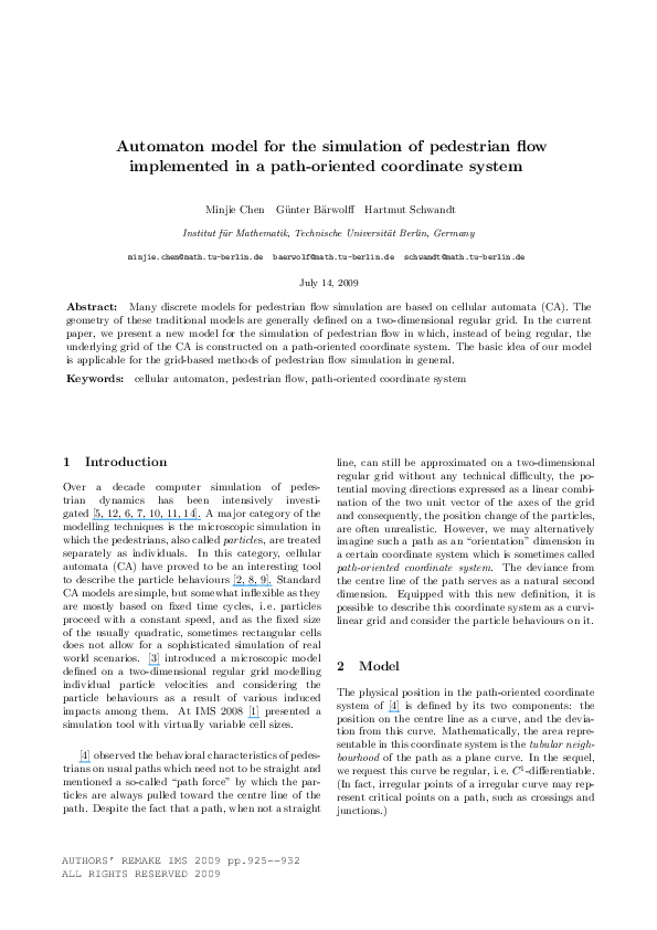 (PDF) Automaton model for the simulation of pedestrian flow implemented in a path-oriented ...