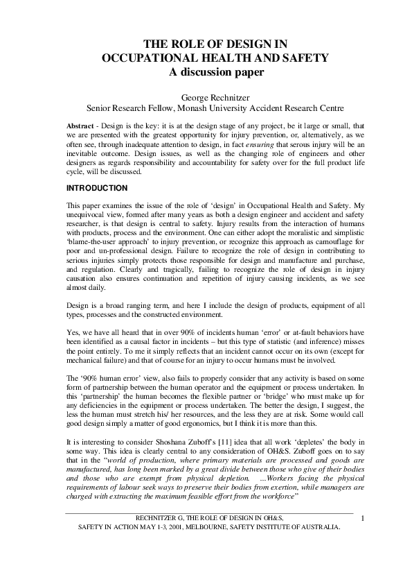 (PDF) THE ROLE OF DESIGN IN OCCUPATIONAL HEALTH AND SAFETY A discussion ...