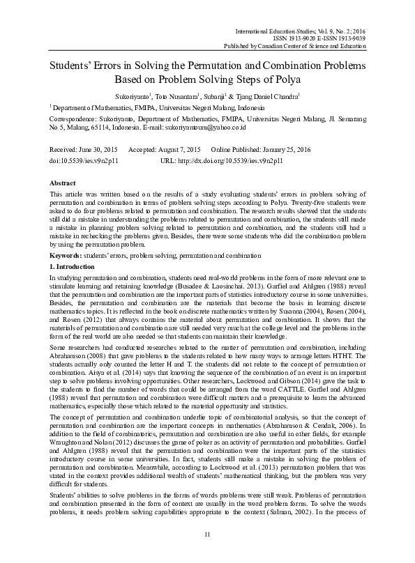 (PDF) Students' Errors in Solving the Permutation and Combination Problems Based on Problem ...