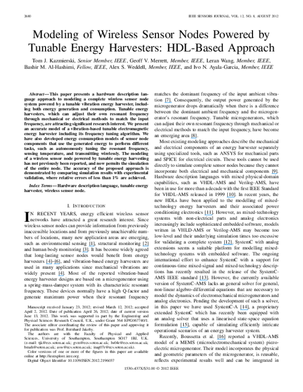 Pdf Modeling Of Wireless Sensor Nodes Powered By Tunable Energy Harvesters Hdl Based Approach