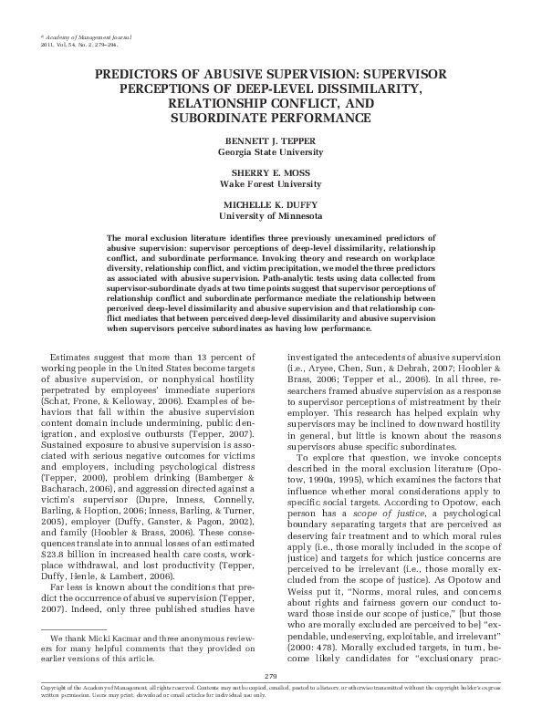 Pdf Predictors Of Abusive Supervision Supervisor Perceptions Of Deep Level Dissimilarity