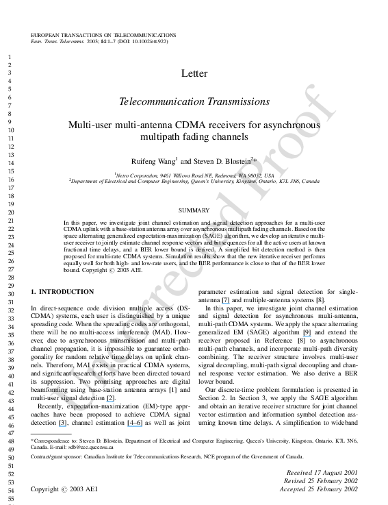 (PDF) Multi-user multi-antenna CDMA receivers for asynchronous multipath fading channels