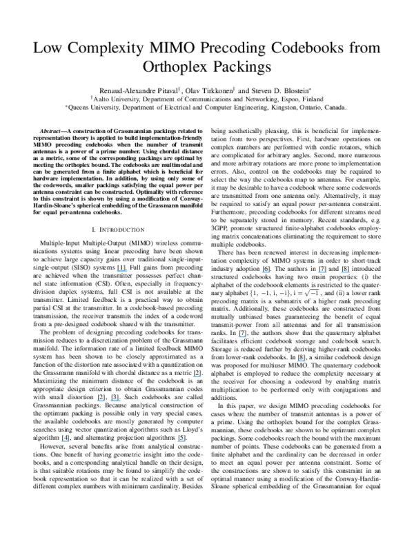 (PDF) Low Complexity MIMO Precoding Codebooks from Orthoplex Packings