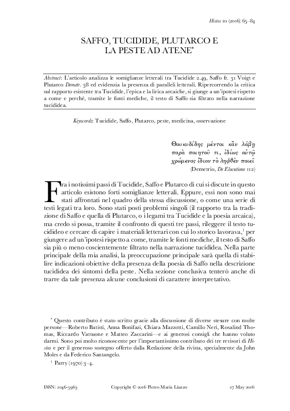 (PDF) Saffo, Tucidide, Plutarco e la Peste ad Atene