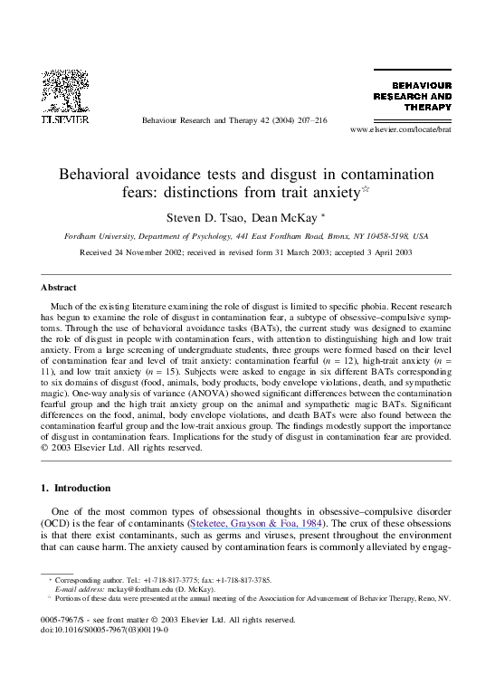 (PDF) Behavioral avoidance tests and disgust in contamination fears ...