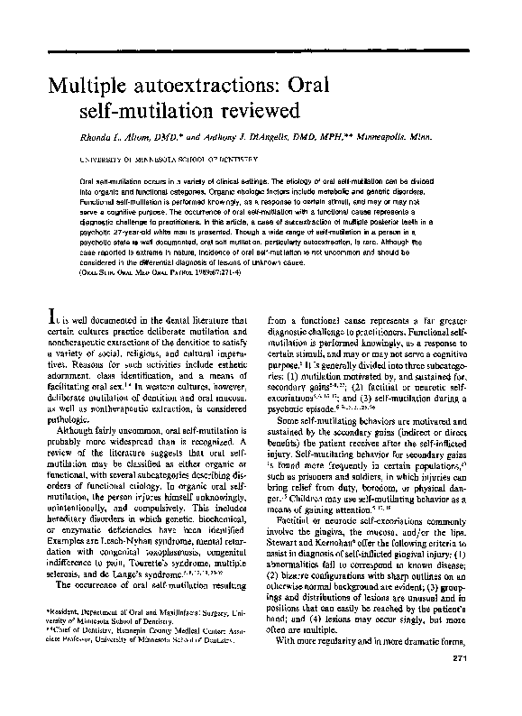 (PDF) Multiple autoextractions: Oral self-mutilation reviewed