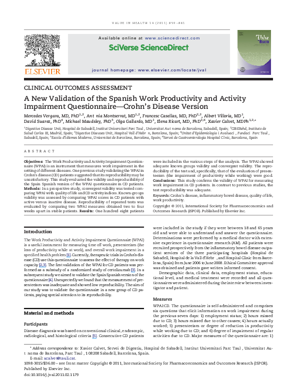 (PDF) A New Validation of the Spanish Work Productivity and Activity ...