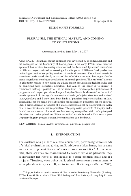 (PDF) Pluralism, The Ethical Matrix, and Coming to Conclusions