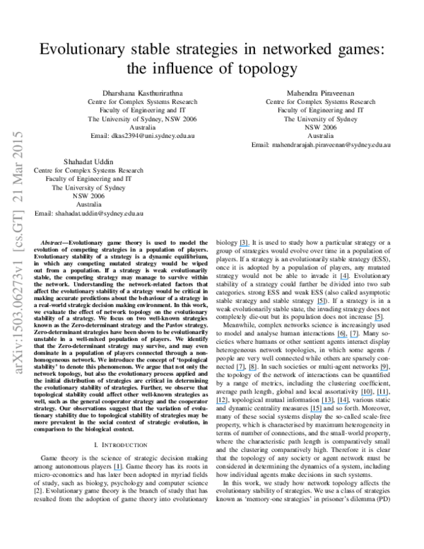(PDF) Evolutionary Stable Strategies In Networked Games: The Influence Of Topology