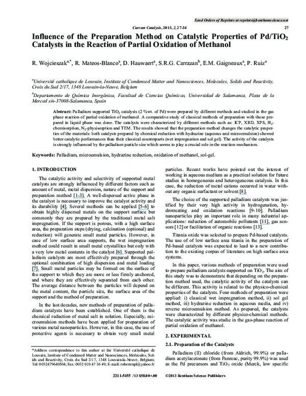 (PDF) Influence of the Preparation Method on Catalytic Properties of Pd ...
