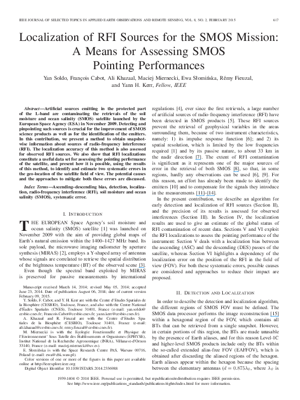 (PDF) Localization of RFI Sources for the SMOS Mission: A Means for Assessing SMOS Pointing ...