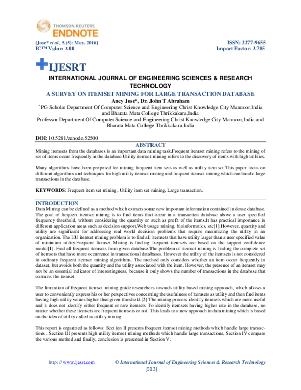 (PDF) A SURVEY ON ITEMSET MINING FOR LARGE TRANSACTION DATABASE