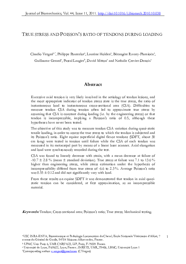 (PDF) True stress and Poisson's ratio of tendons during loading