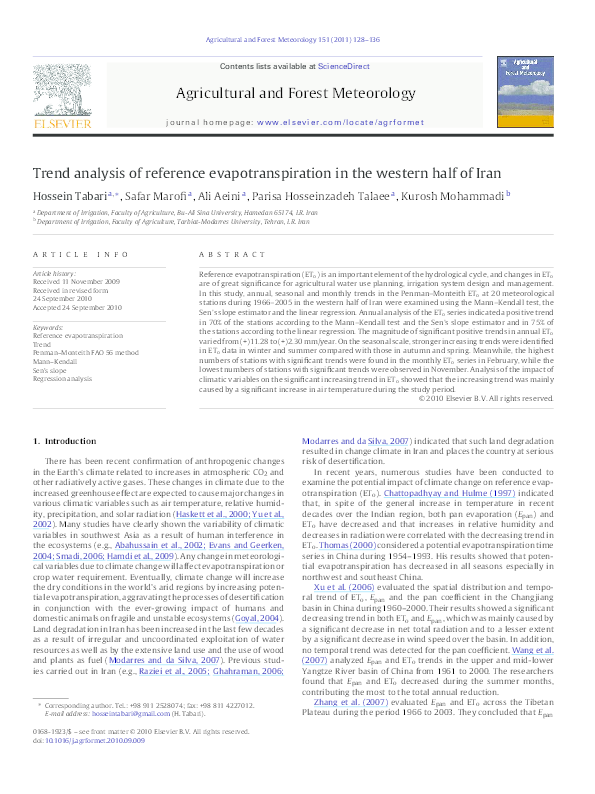 (PDF) Trend analysis of reference evapotranspiration in the western half of Iran