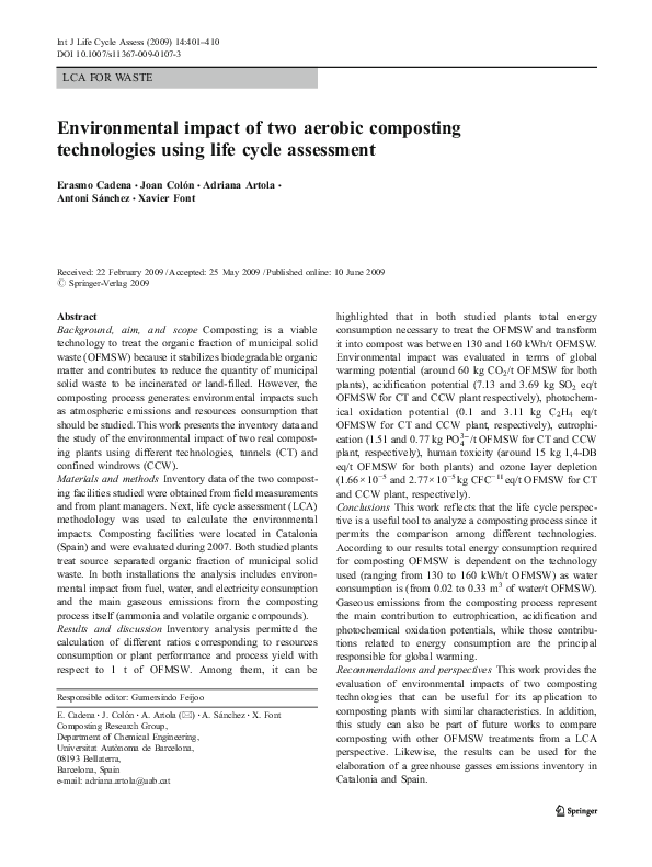 (PDF) Environmental impact of two aerobic composting technologies using life cycle assessment