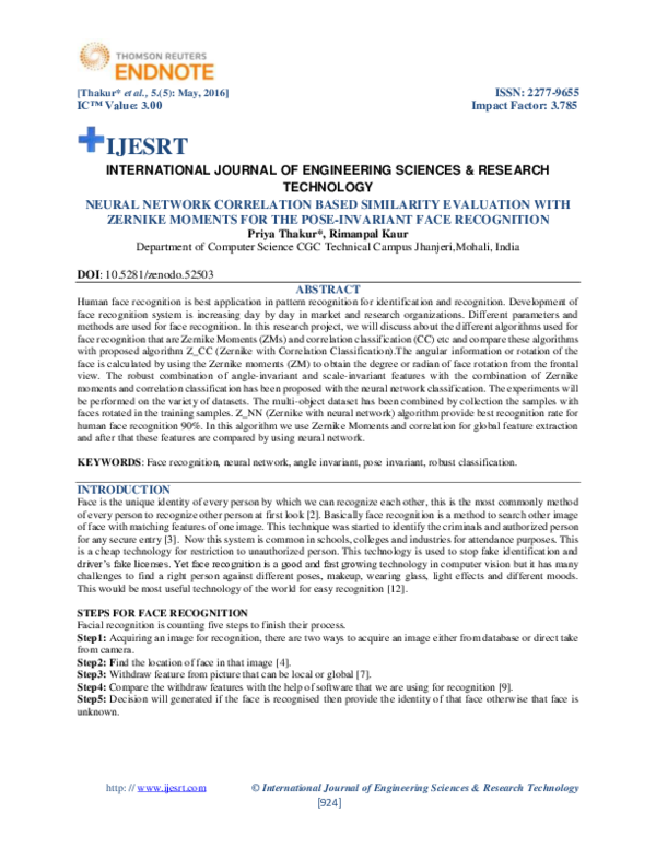Pdf Neural Network Correlation Based Similarity Evaluation With Zernike Moments For The Pose