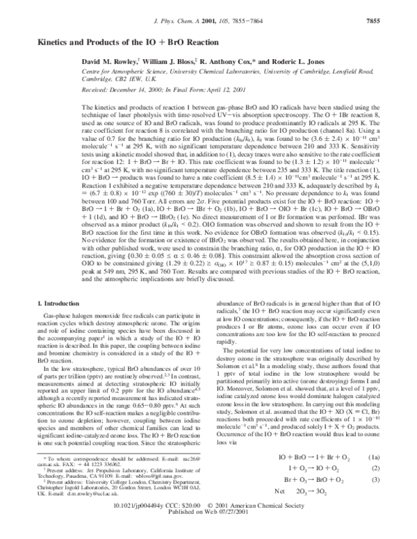 (PDF) Kinetics and Products of the IO + BrO Reaction