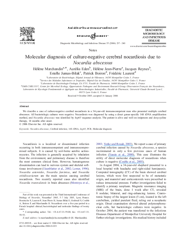(PDF) Molecular diagnosis of culture-negative cerebral nocardiosis due ...