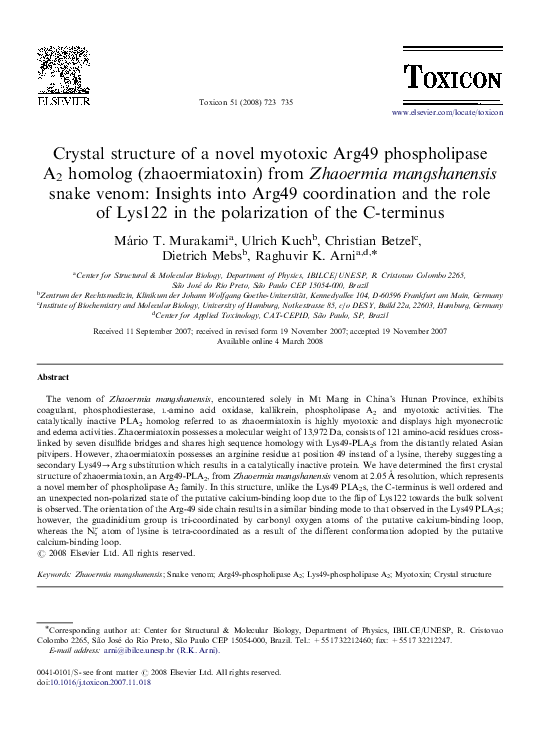 (PDF) Crystal structure of a novel myotoxic Arg49 phospholipase A2 ...