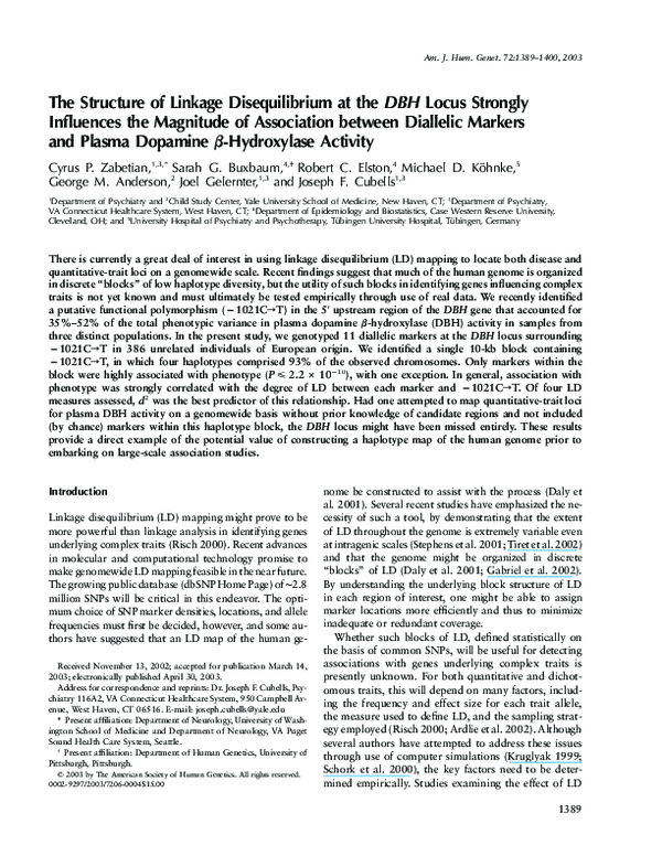 (PDF) The Structure of Linkage Disequilibrium at the DBH Locus Strongly ...