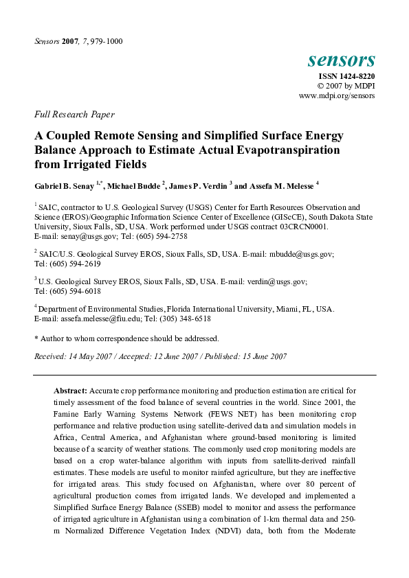 (PDF) A Coupled Remote Sensing and Simplified Surface Energy Balance Approach to Estimate Actual ...
