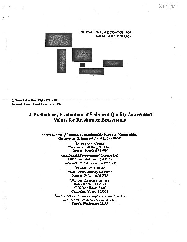 (PDF) A Preliminary Evaluation of Sediment Quality Assessment Values for Freshwater Ecosystems