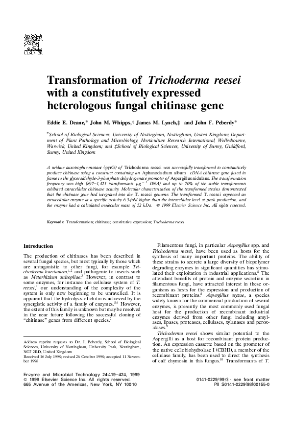 (PDF) Transformation of Trichoderma reesei with a constitutively expressed heterologous fungal ...