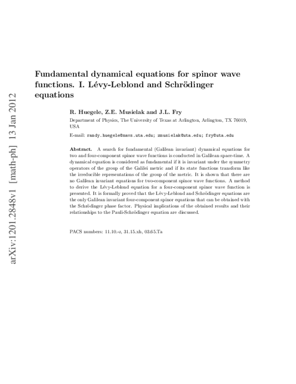 Pdf Fundamental Dynamical Equations For Spinor Wavefunctions I Lévy