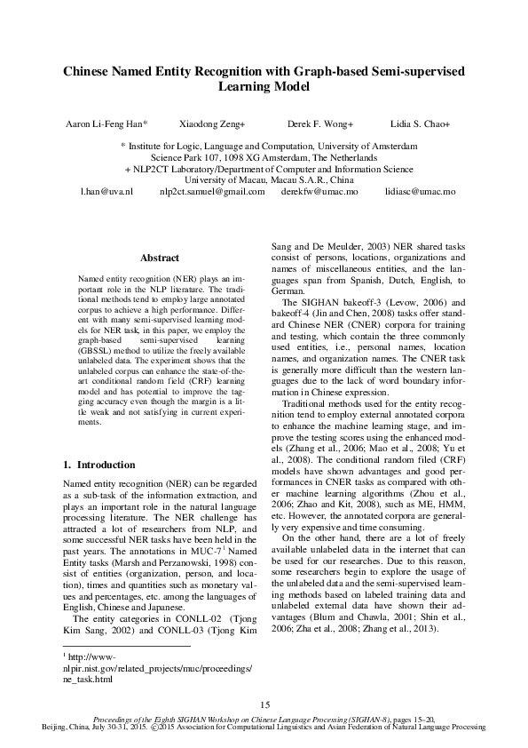 Pdf Chinese Named Entity Recognition With Graph Based Semi Supervised Learning Model