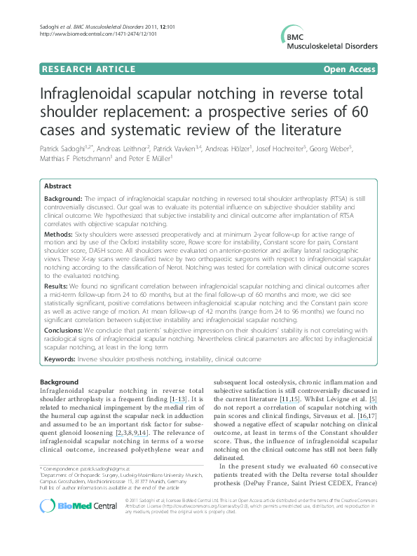 (PDF) Infraglenoidal scapular notching in reverse total shoulder ...