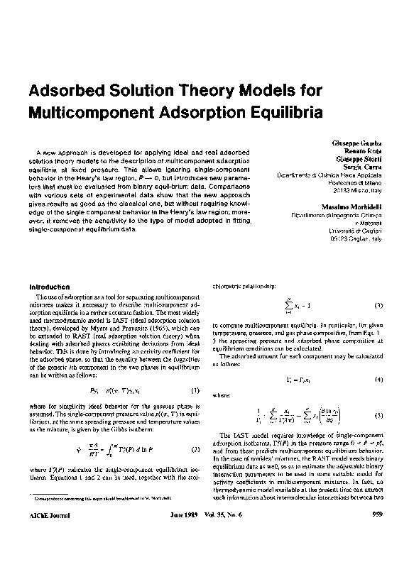 Pdf Absorbed Solution Theory Models For Multicomponent Adsorption Equilibria
