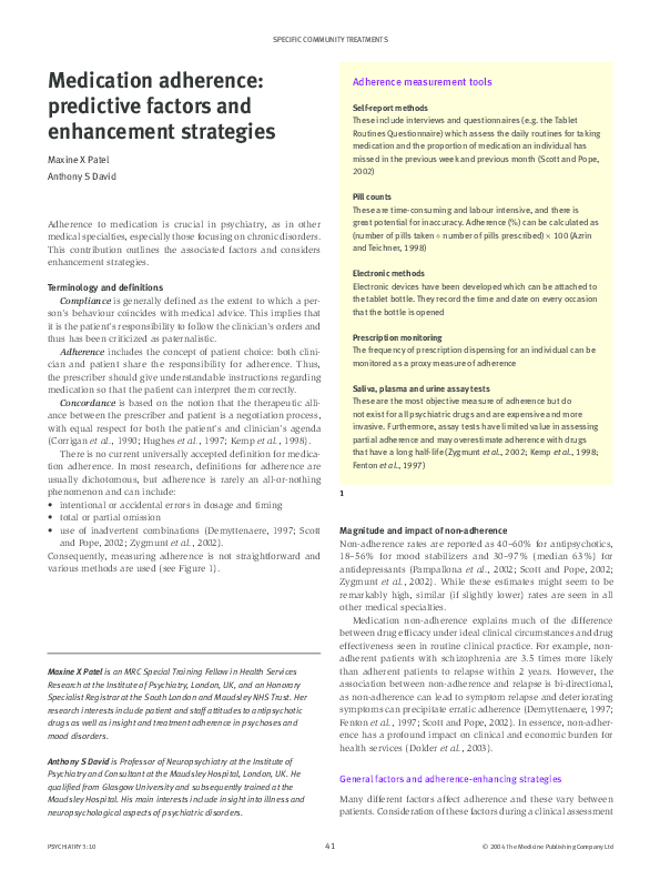 (PDF) Medication adherence: predictive factors and enhancement strategies
