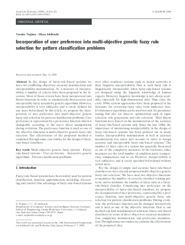 (PDF) Incorporation of user preference into multi-objective genetic fuzzy rule selection for ...