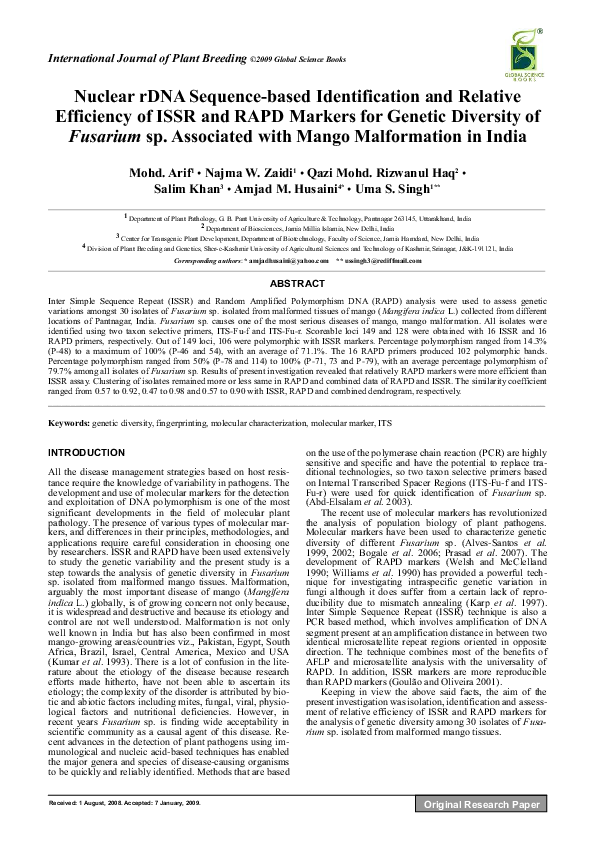 Nuclear rDNA Sequence-based Identification and Relative Efficiency of ISSR and RAPD Markers for ...