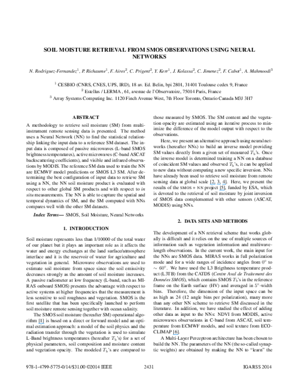 (PDF) Soil Moisture Retrieval from Smos Observations Using Neural Networks