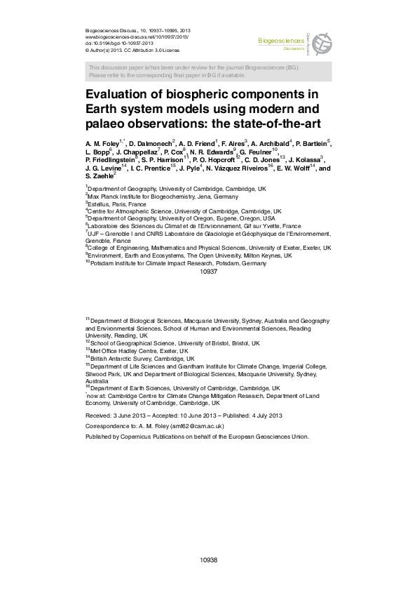 (PDF) Evaluation of biospheric components in Earth system models using ...