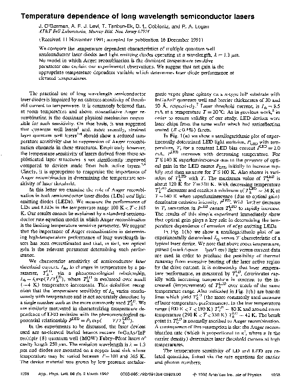(PDF) Temperature dependence of long wavelength semiconductor lasers