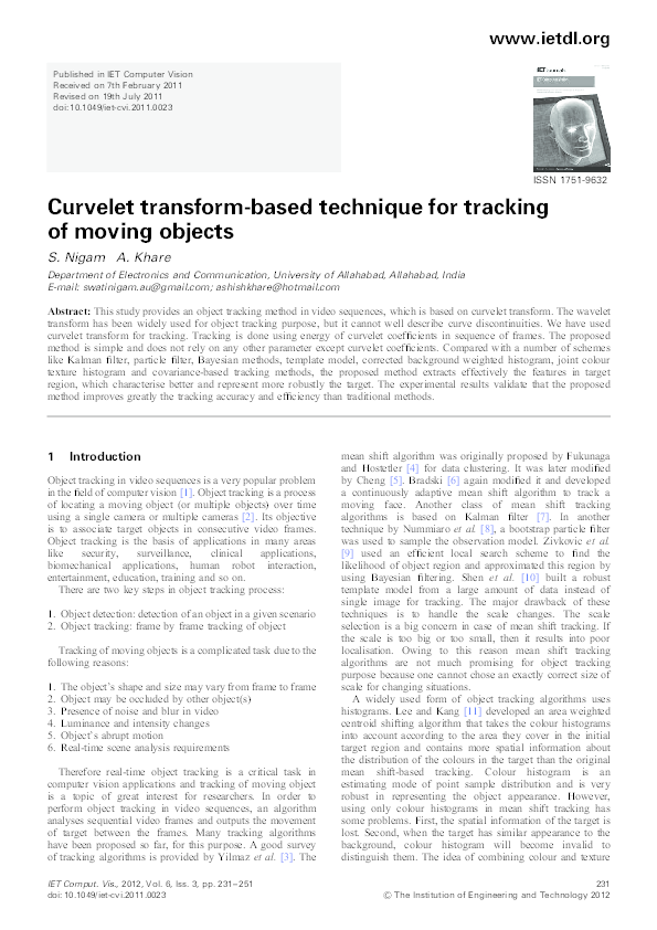 (PDF) Curvelet transform-based technique for tracking of moving objects