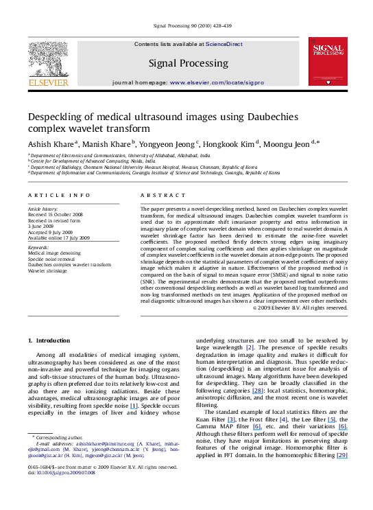 (PDF) Despeckling of medical ultrasound images using Daubechies complex wavelet transform