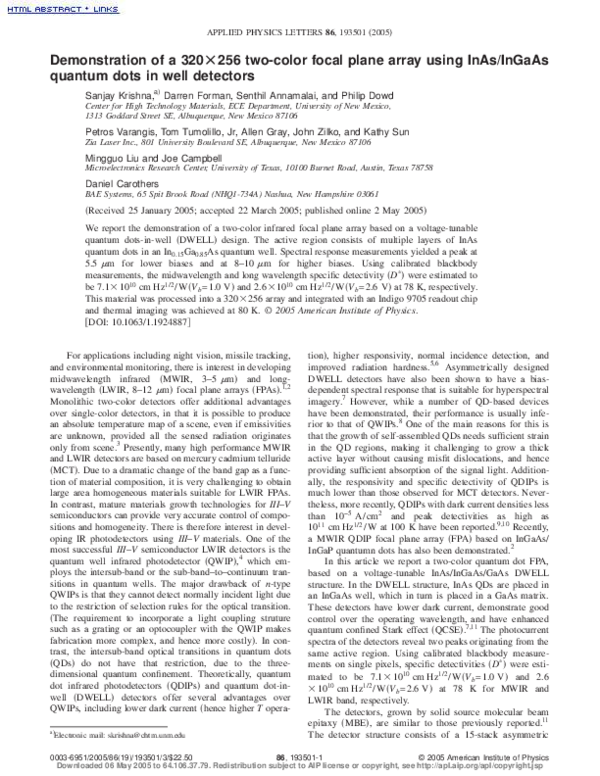 Pdf Demonstration Of A 320×256 Two Color Focal Plane Array Using Inasingaas Quantum Dots In