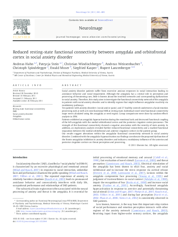 Pdf Reduced Resting State Functional Connectivity Between Amygdala And Orbitofrontal Cortex In