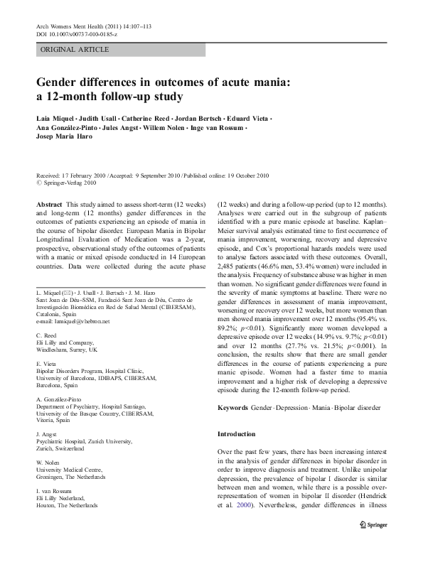 (PDF) Gender differences in outcomes of acute mania: a 12-month follow ...