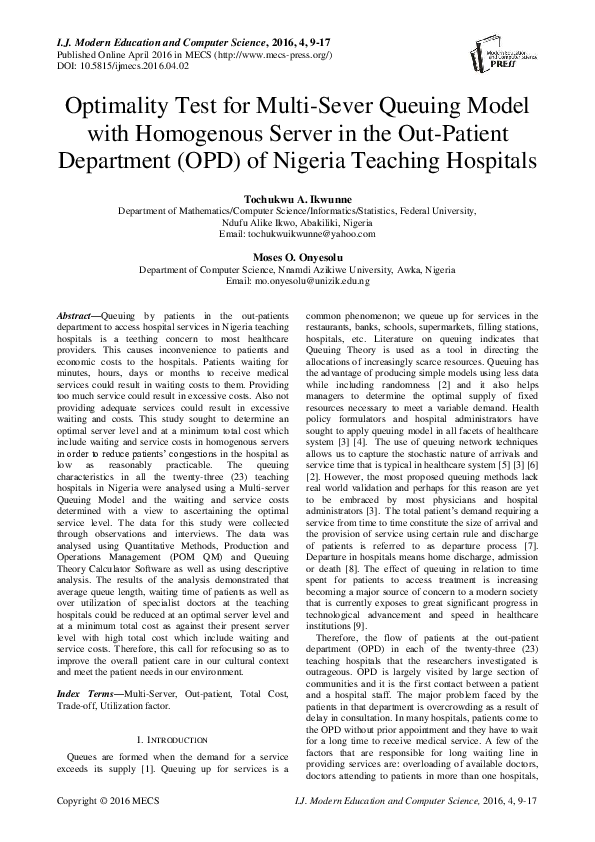(PDF) Optimality Test for Multi-Sever Queuing Model with Homogenous ...