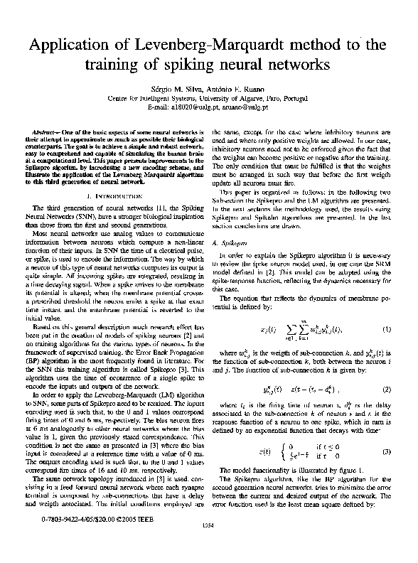 (PDF) Application of Levenberg-Marquardt method to the training of spiking neural networks