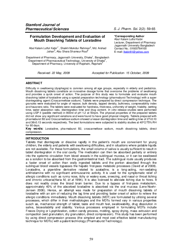 Pdf Formulation Development And Evaluation Of Mouth Dissolving Tablets Of Loratadine