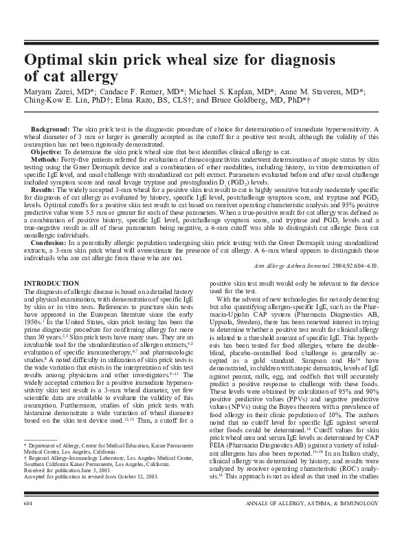 (PDF) Optimal skin prick wheal size for diagnosis of cat allergy